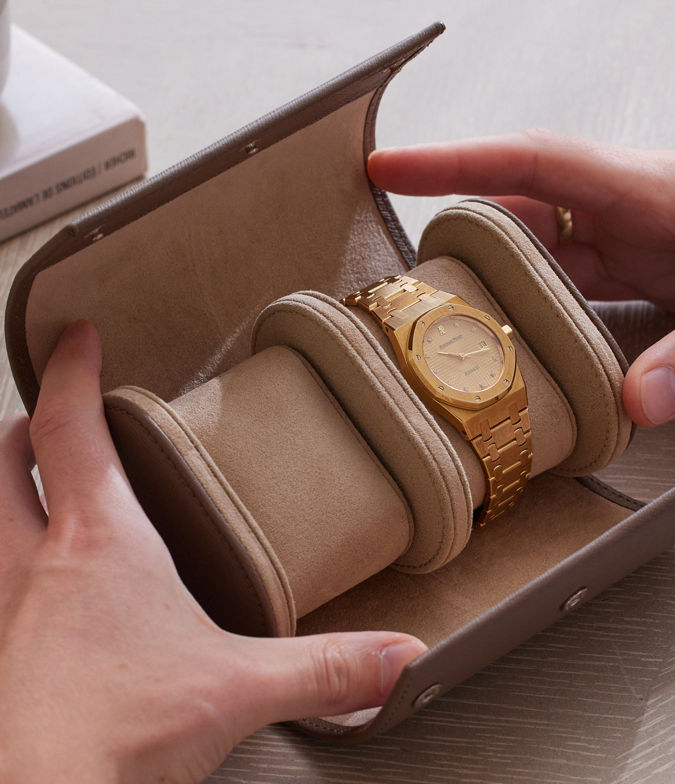 Two-watch roll, taupe grey, grained leather | Buy at ACM London – A ...