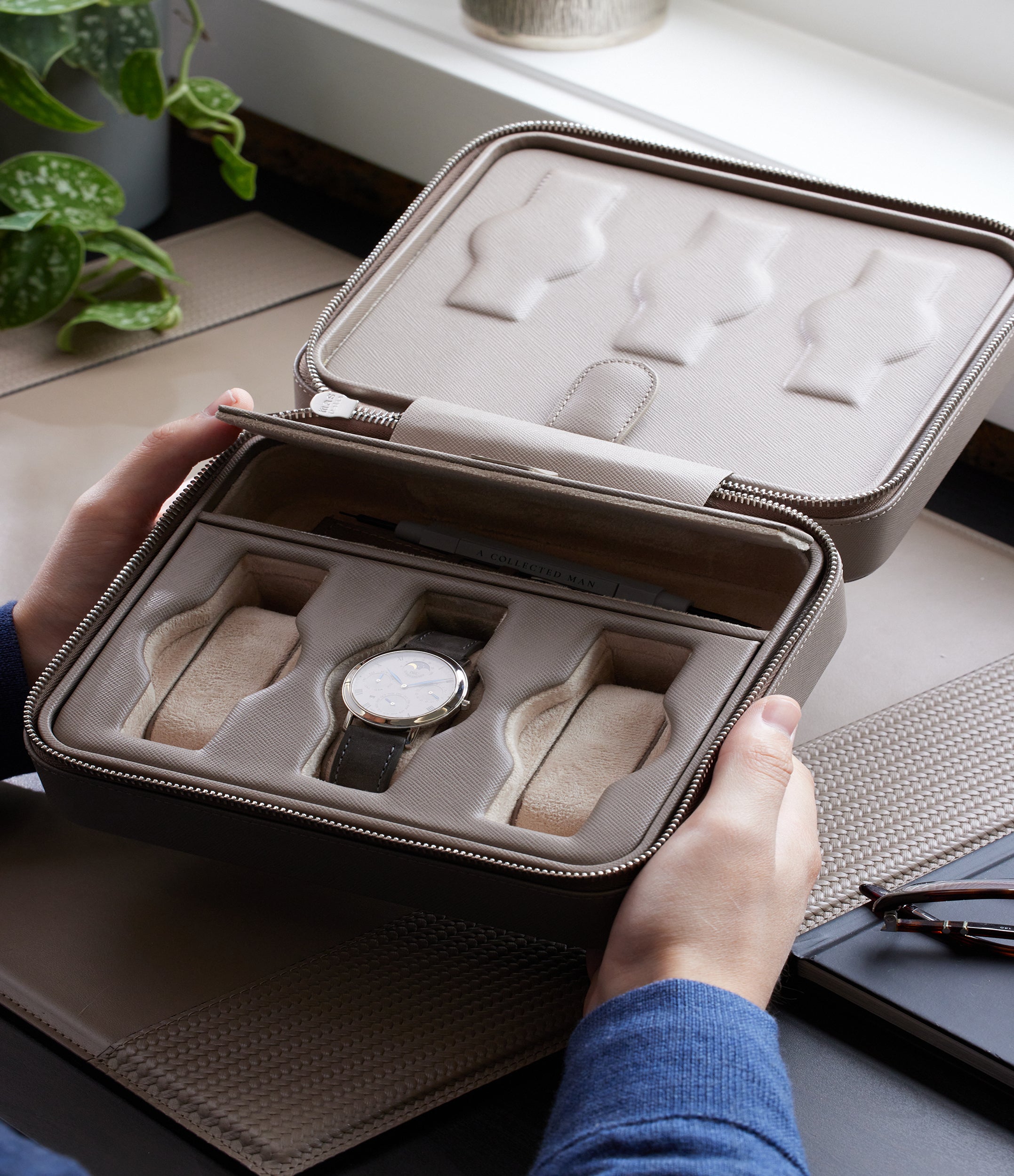 Six-watch box with compartment, fossil grey, saffiano leather | Buy at ...