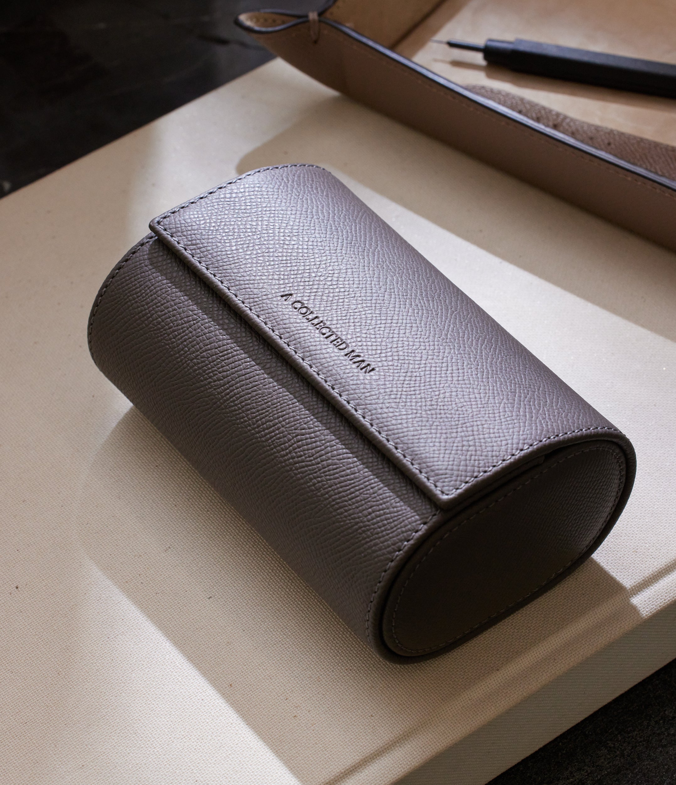 Two-watch roll, stone grey, grained leather | Buy at ACM London – A ...