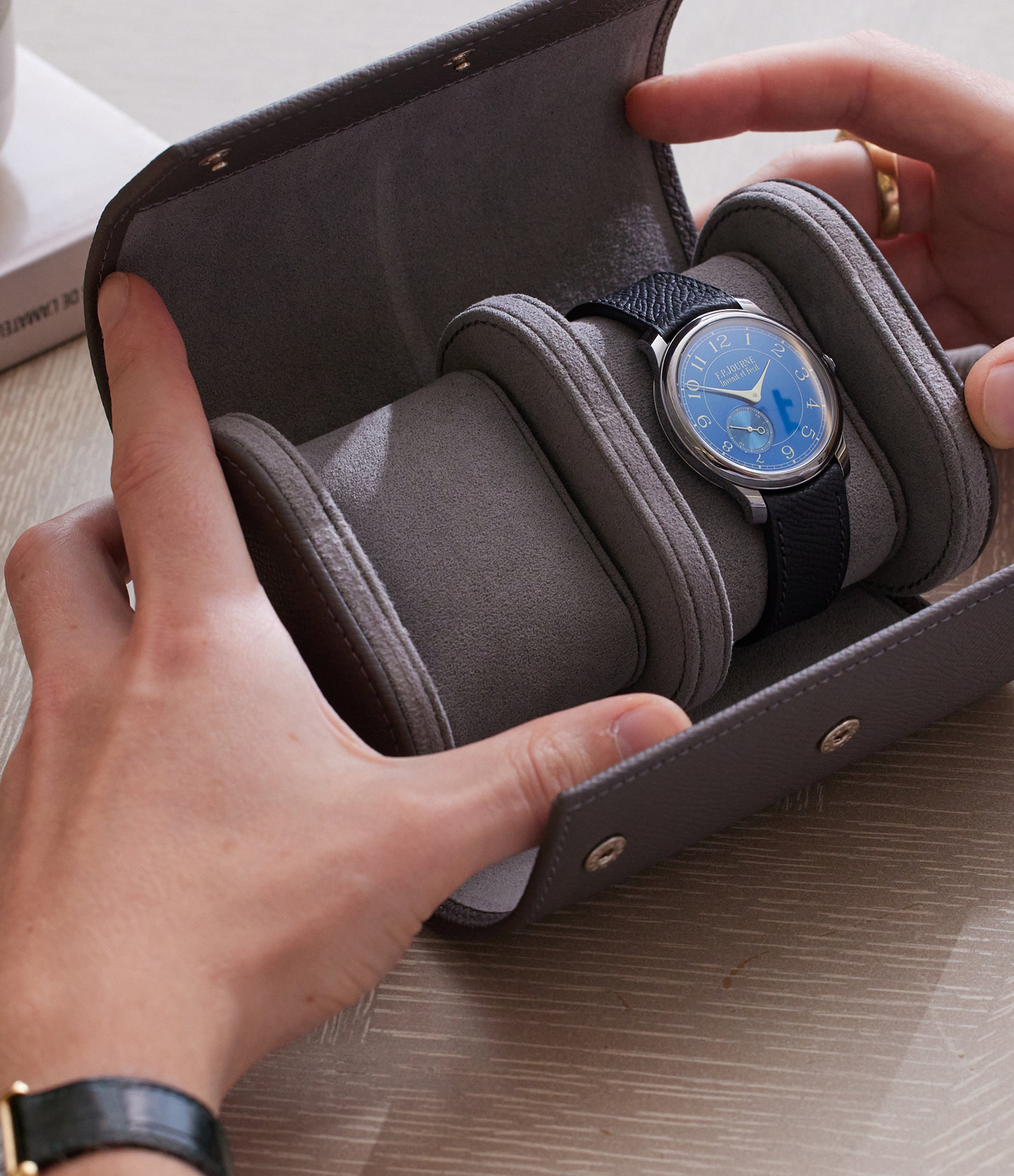 Two-watch roll, stone grey, grained leather | Buy at ACM London – A ...